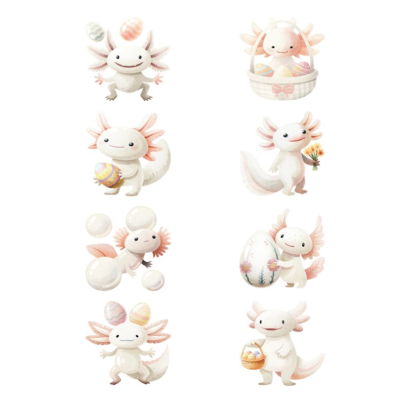 Easter Axolotl Clipart PNG Bundle, Cute Watercolor Axolotl With Easter ...
