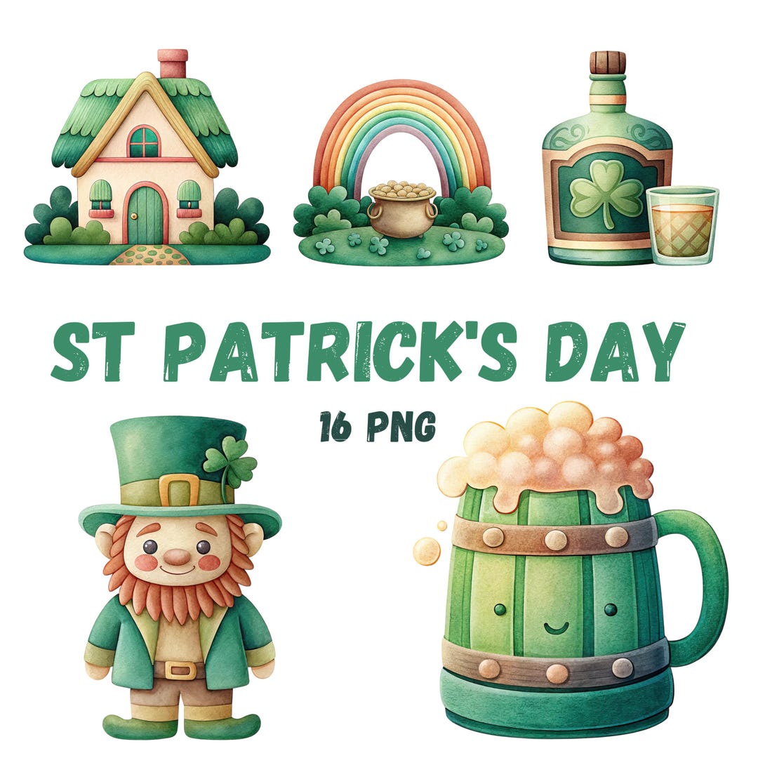 Kawaii St. Patrick’s Day Clipart Green Bundle - Cute Irish PNG Set Festive Png Graphics, St ...