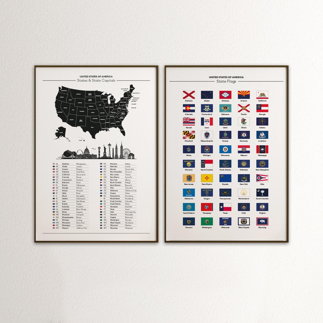 US States and Capitals Chart State Flags,classroom 50 US States Poster ...