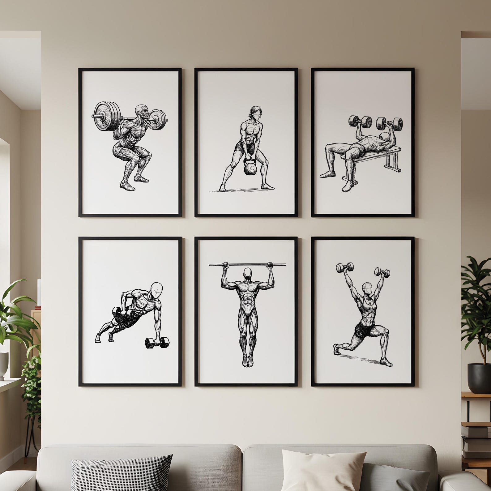 Minimalist Gym Poster Set of 6 – Line Art Weightlifting & Bodyweight ...