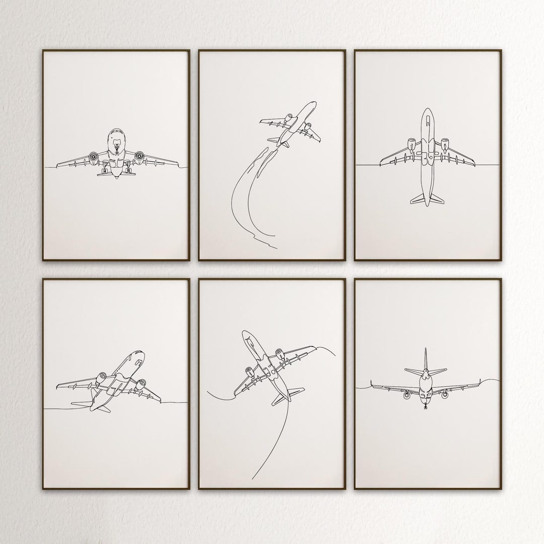 Airplane Prints Set of 6, Airplane Line Art Print, Nursery Wall Art ...