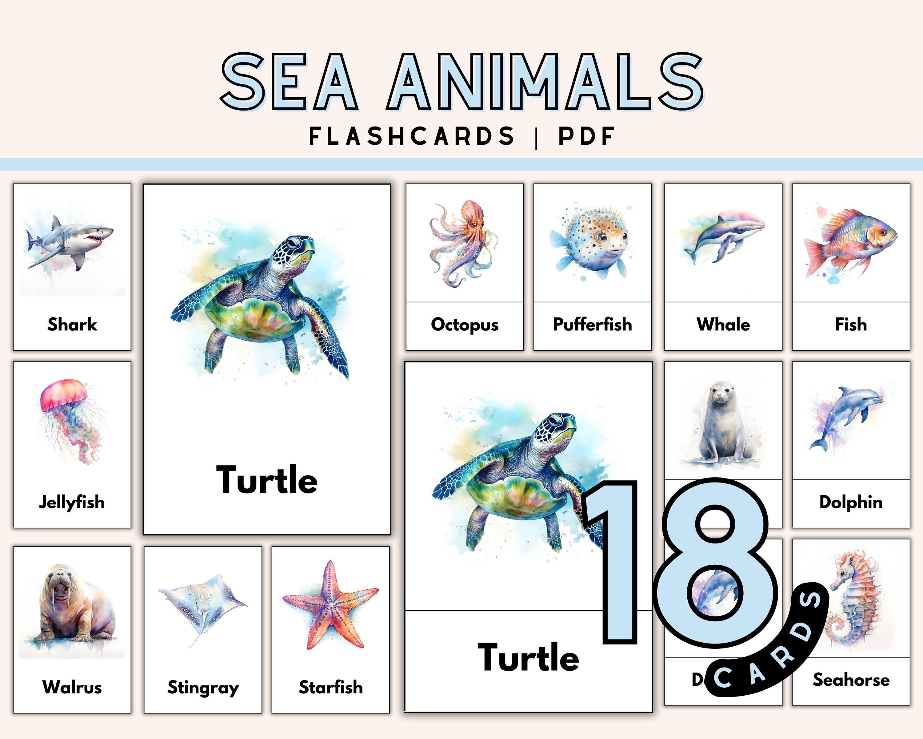 Flashcard Set Sea Animals Digital Download Cards for Kids Learning Sea ...