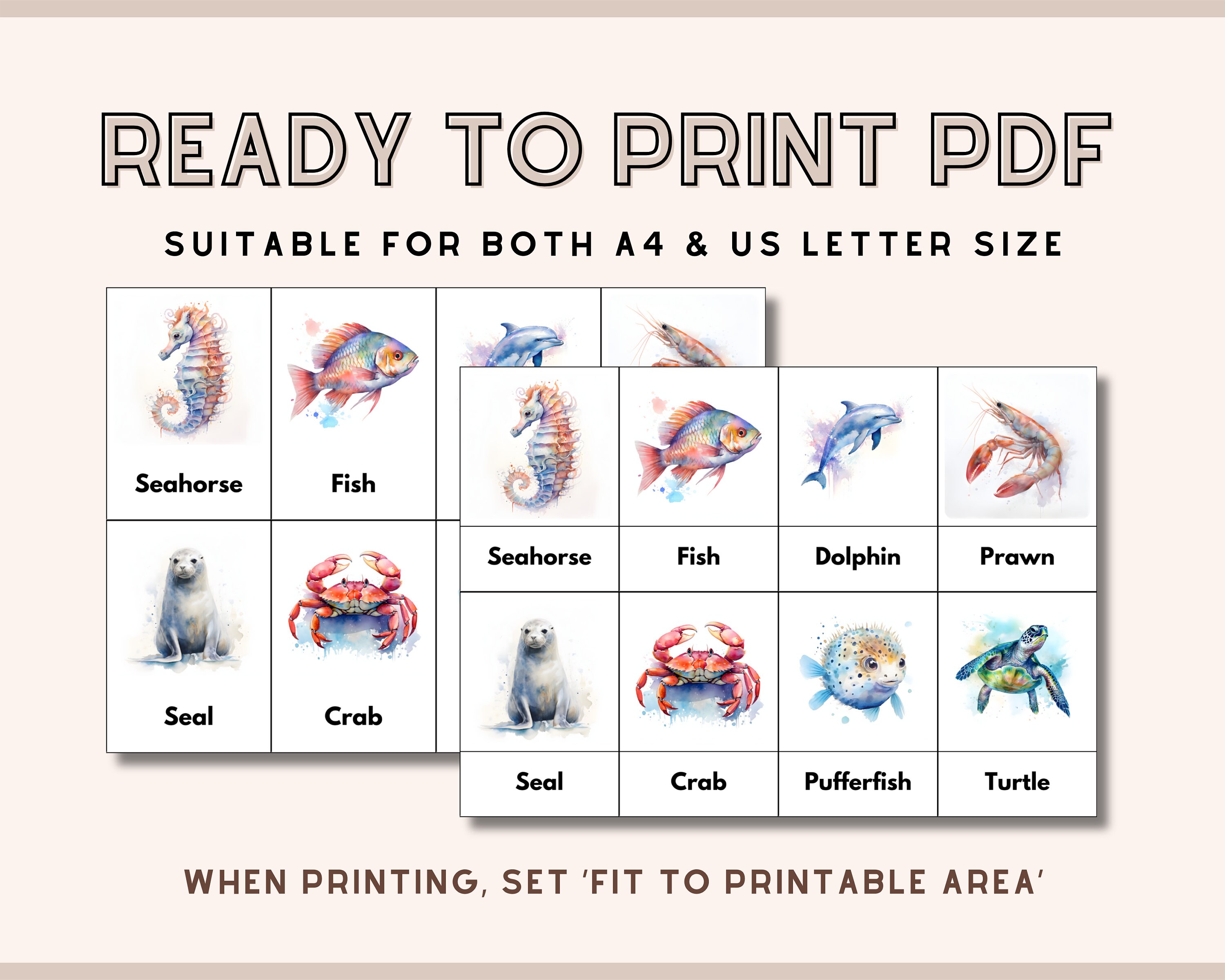 Flashcard Set Sea Animals Digital Download Cards for Kids Learning Sea ...