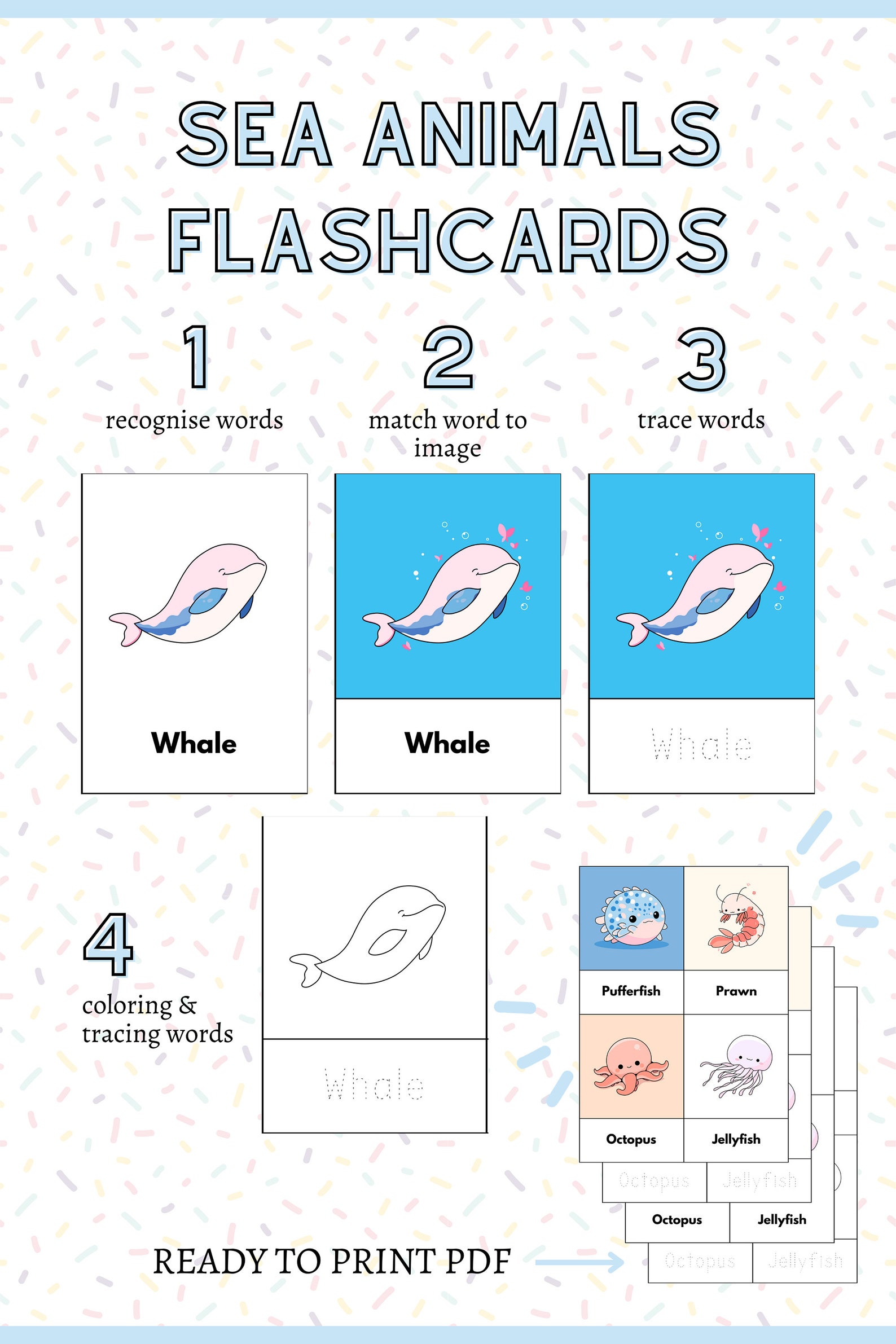 Sea Animals Flashcards for Kids Homeschool Coloring Activity Learning ...