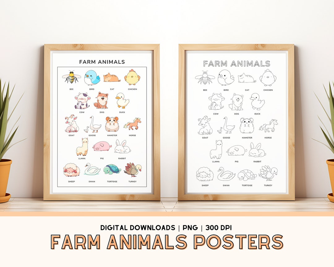 Farm Animal Educational Poster Kids Coloring Activity Homeschool ...