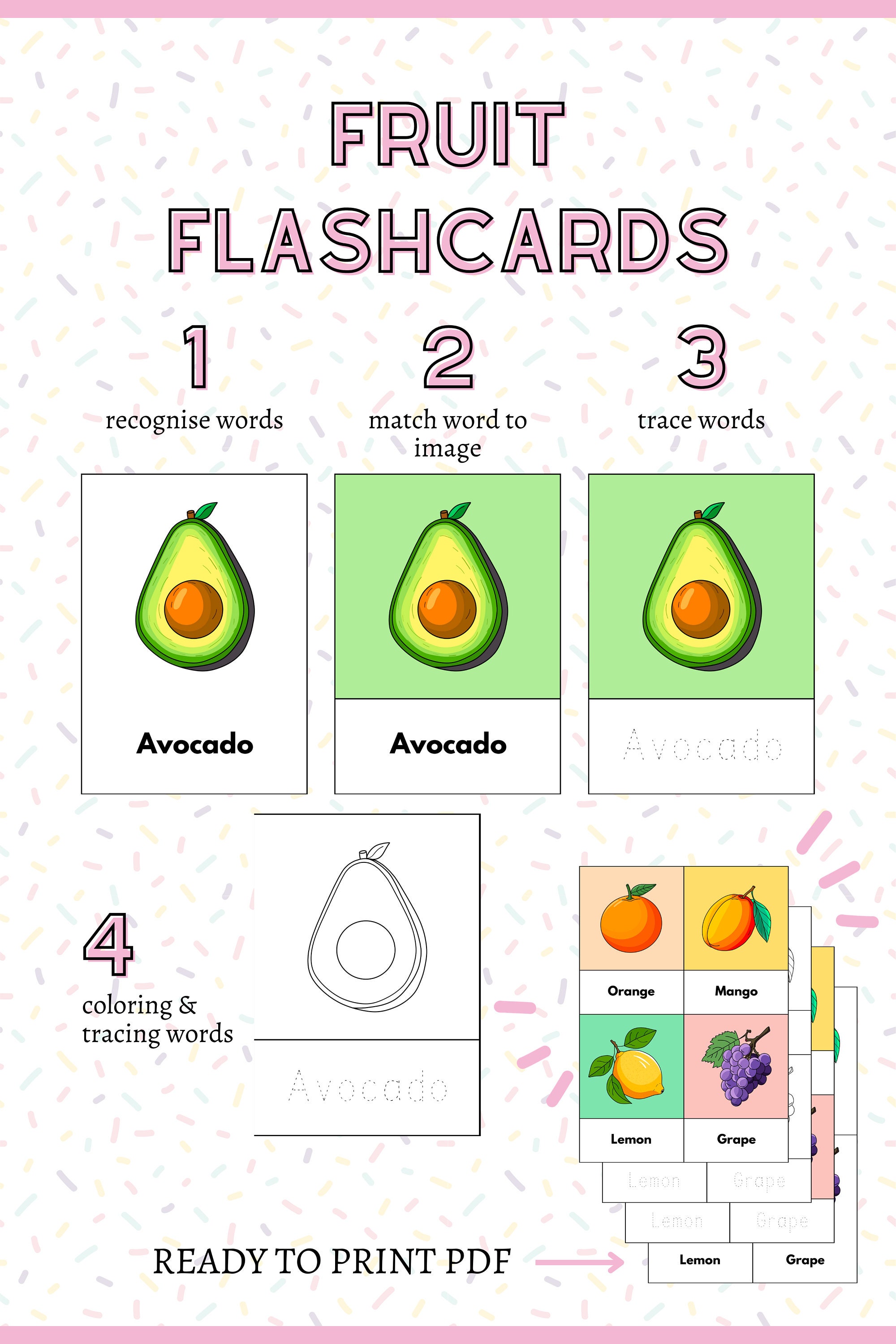 Fruits Flashcards for Kids Coloring Activity Handwriting Practice ...