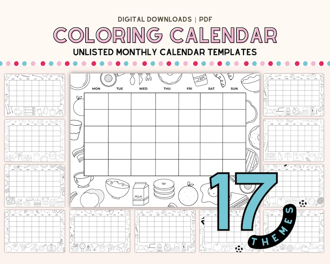 Undated Coloring Calendar Printable Kids Monthly Calendar Coloring ...
