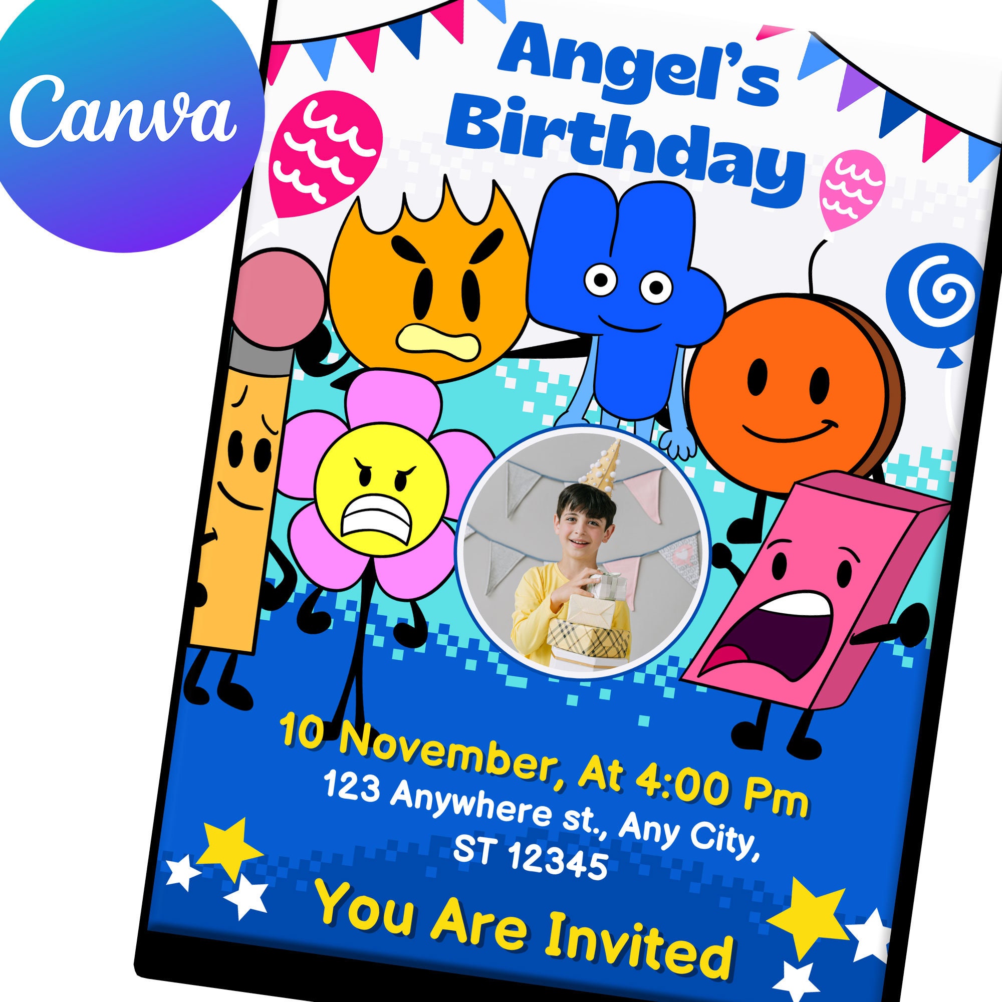 Editable Canva Birthday Invitation Bfdi Match Svg,eraser PNG, Out of ...
