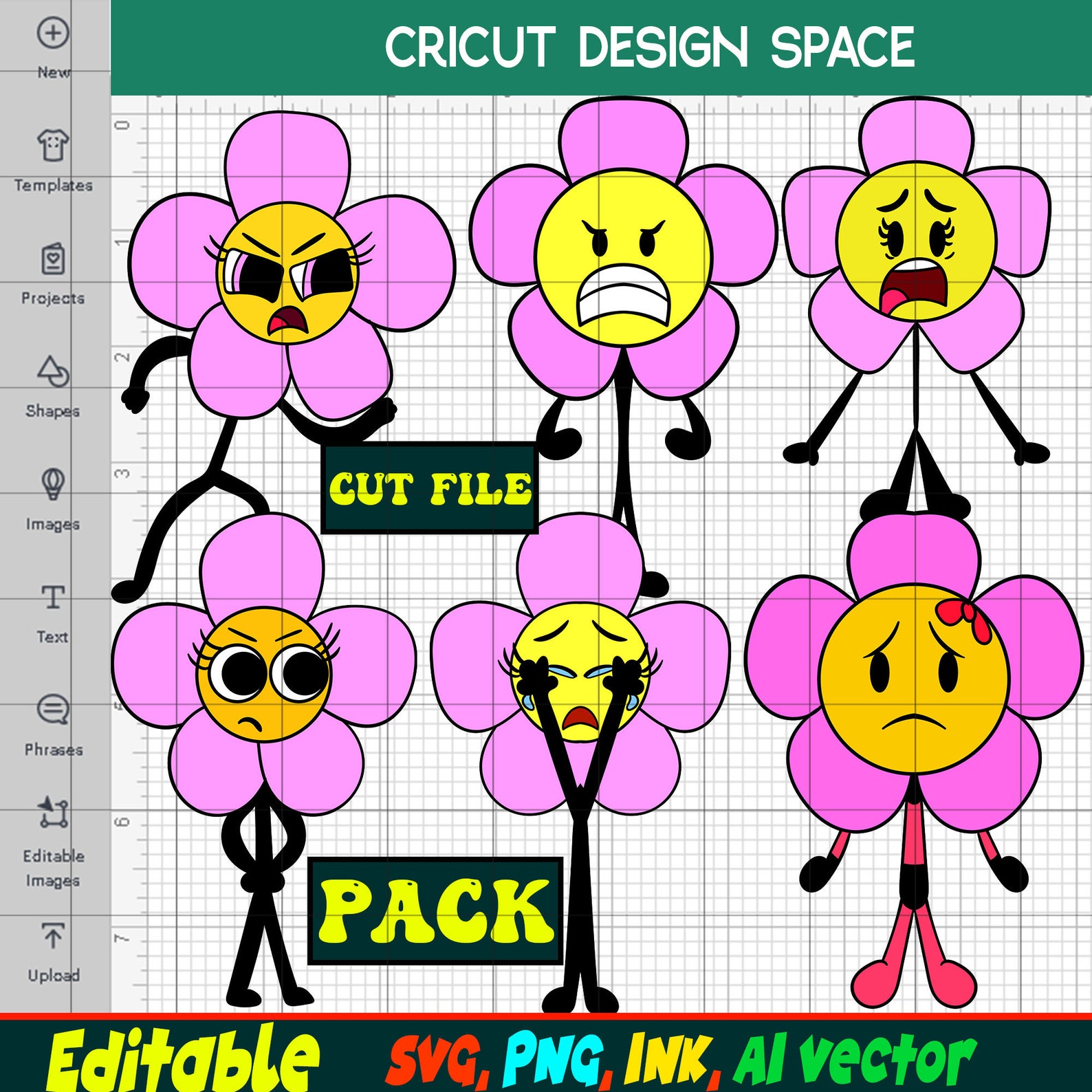 Editable Bfdi Flowers Svg,bfdi Flowers PNG, Bfdi Flowers Ink Coloring ...