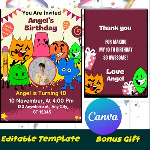 Editable Canva Birthday Invitation Bfdi Match Svg,eraser PNG, Out of ...