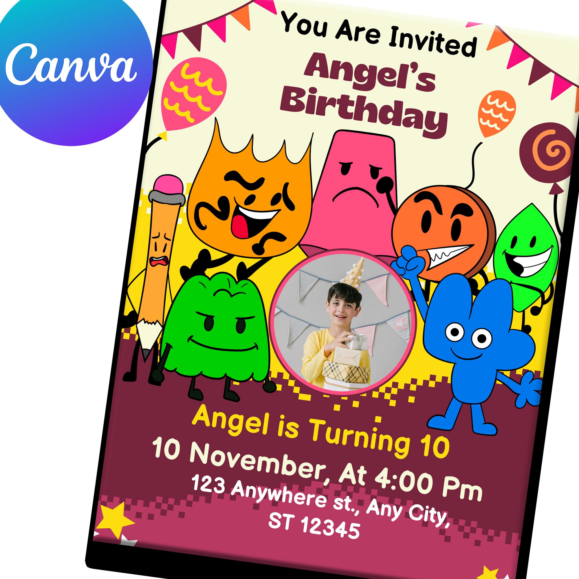 Editable Canva Birthday Invitation Bfdi Match Svg,eraser PNG, Out of ...