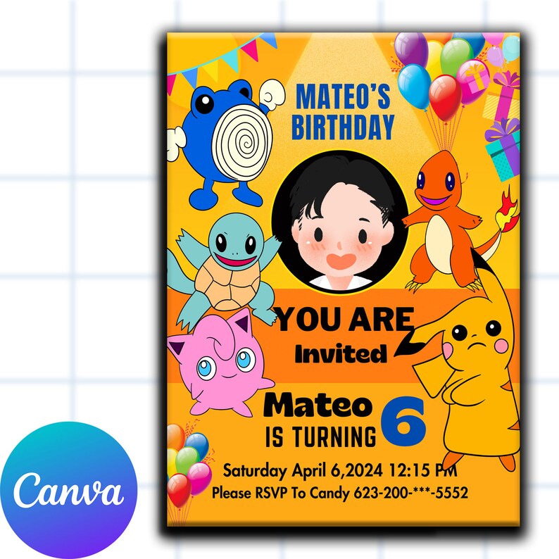 Pokemon Invitation, Editable on Canva Printable Birthday Party ...