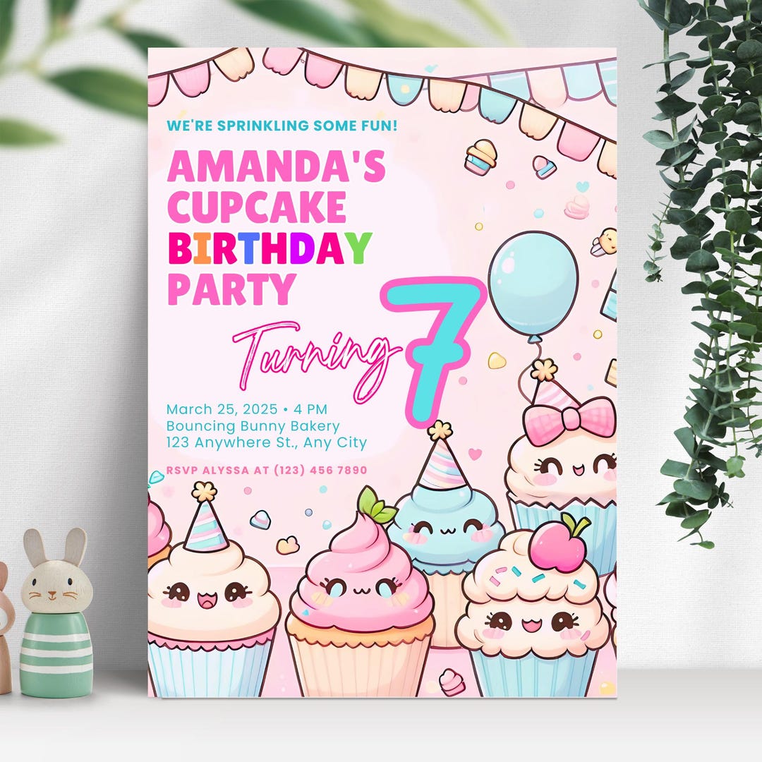 Cupcake Birthday Invitation | Cute Kawaii Cupcake Party Invite ...