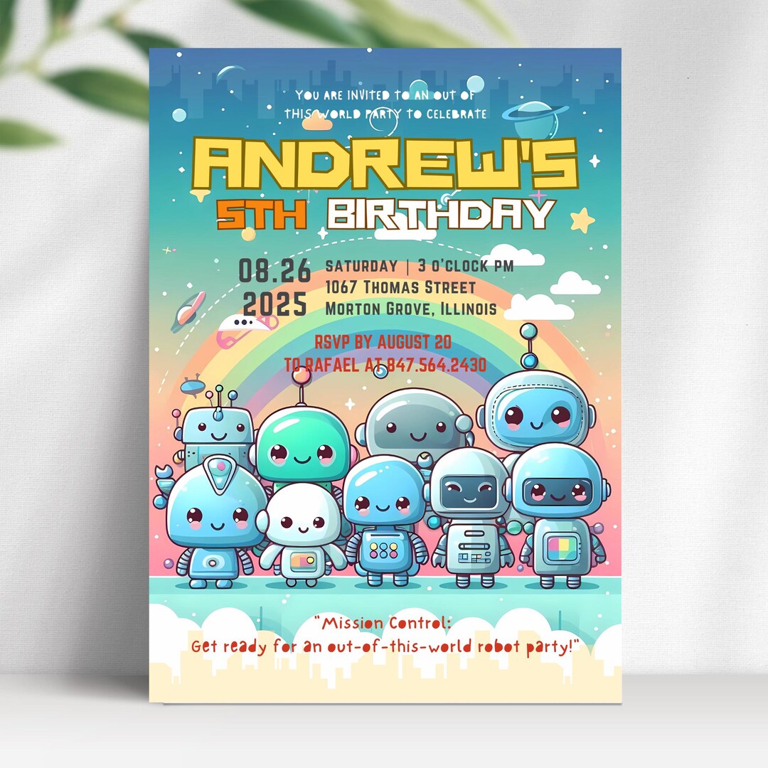 Robot Birthday Invitation, Cute Space Party Invite, Ai-themed Kids ...