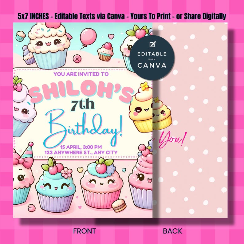 Cupcake Birthday Invitation | Kawaii Cupcake Party Invite | Editable ...