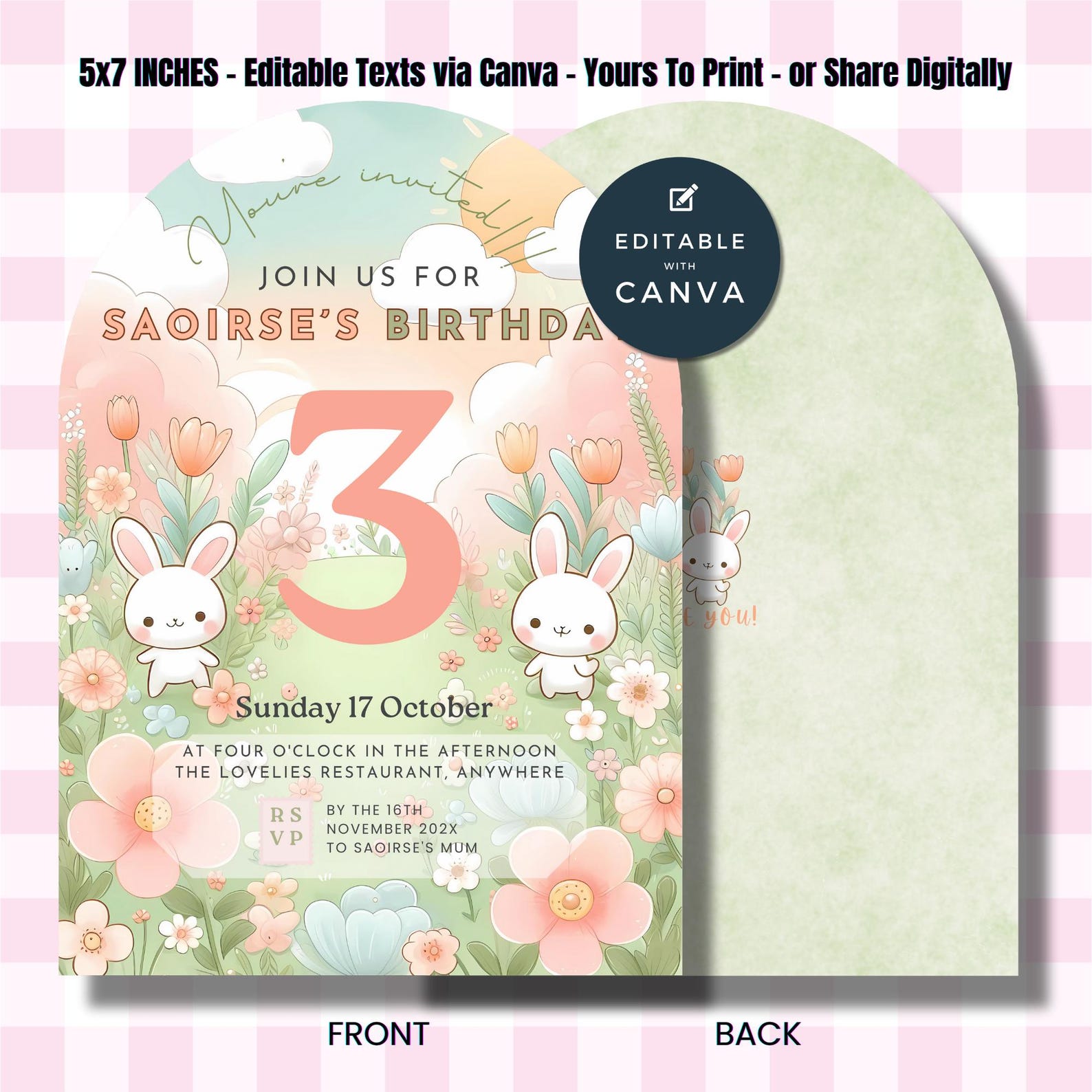 Cute Pastel Bunny Meadow Kids Party Invitation, Editable Cute Bunny ...