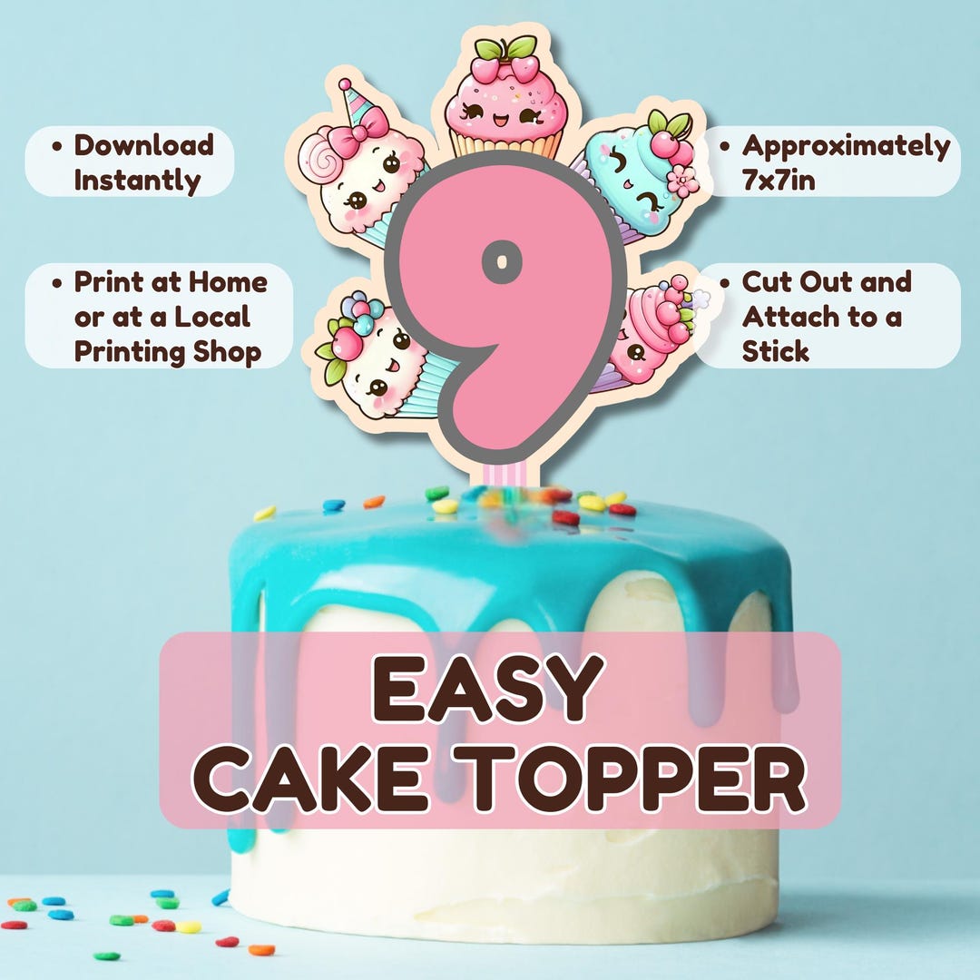 Kawaii Cupcake Cake Topper | 9th Birthday Cake Topper | Cupcake Party ...