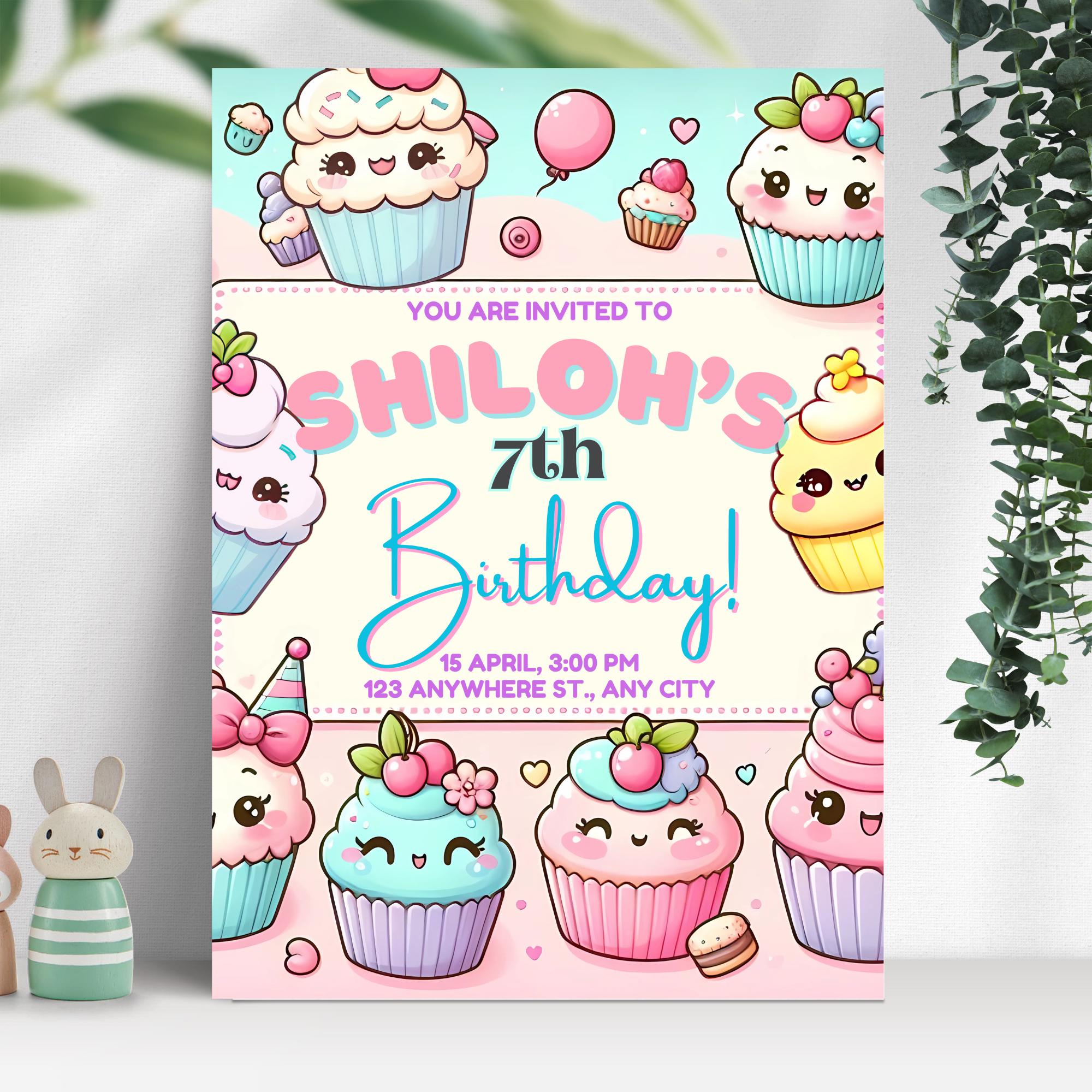 Cupcake Birthday Invitation | Kawaii Cupcake Party Invite | Editable ...