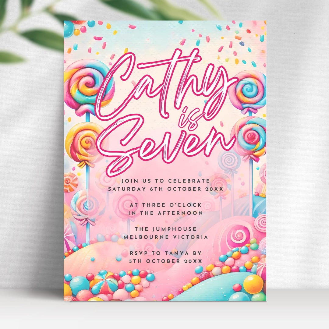 Editable Cute Candyland Party Invitation, Pastel Watercolor Candy Hills ...