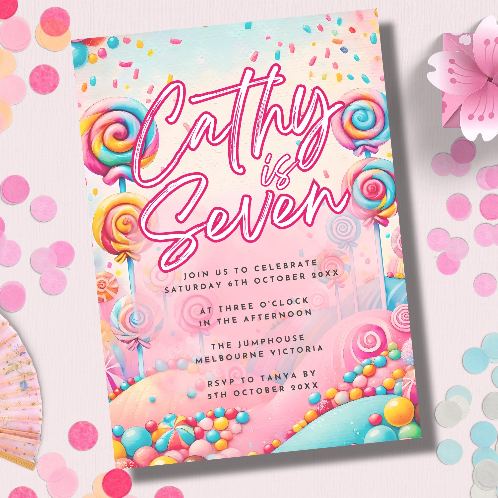 Editable Cute Candyland Party Invitation, Pastel Watercolor Candy Hills ...
