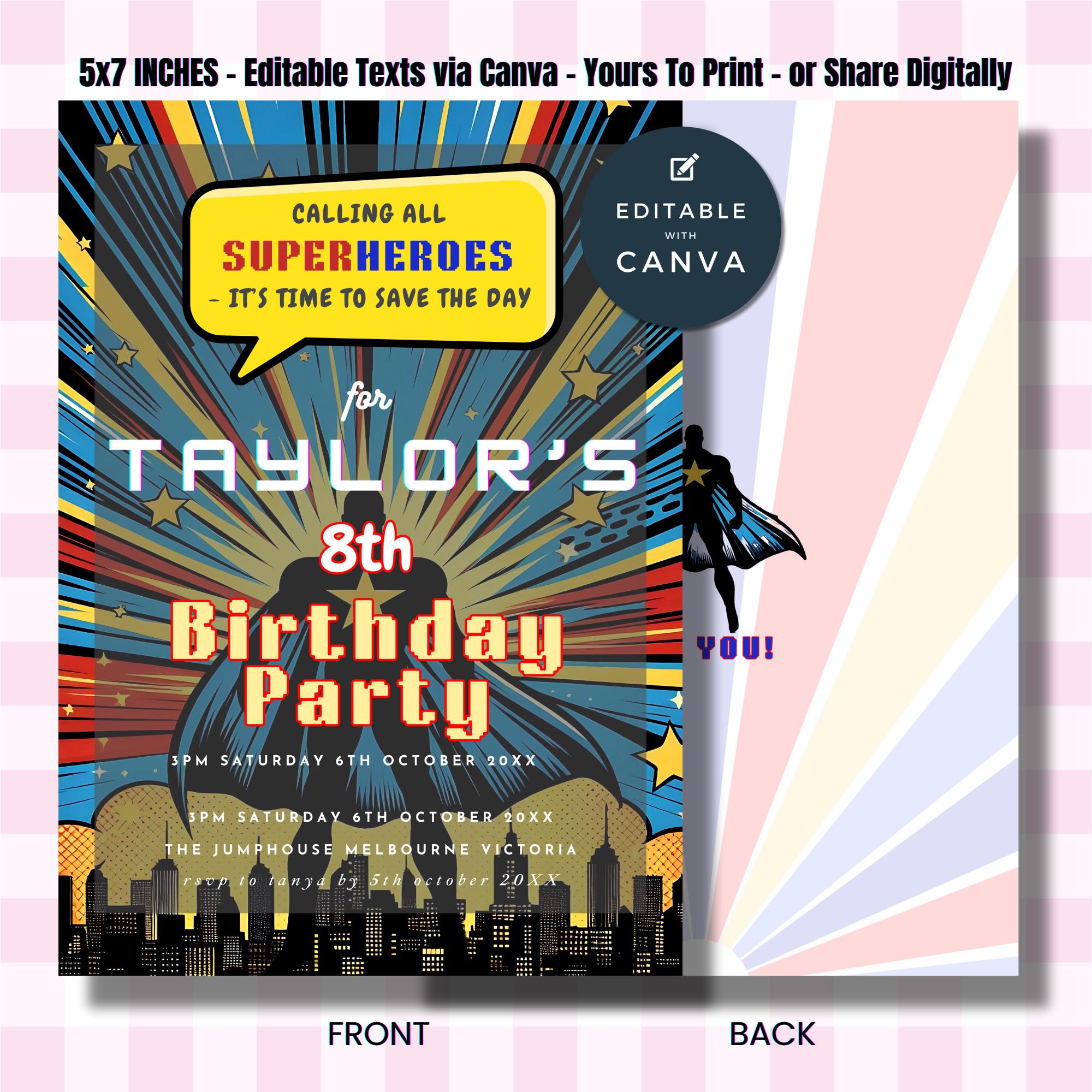 Comic Style Superhero Birthday Invitation, Boys Party Invite, Editable ...