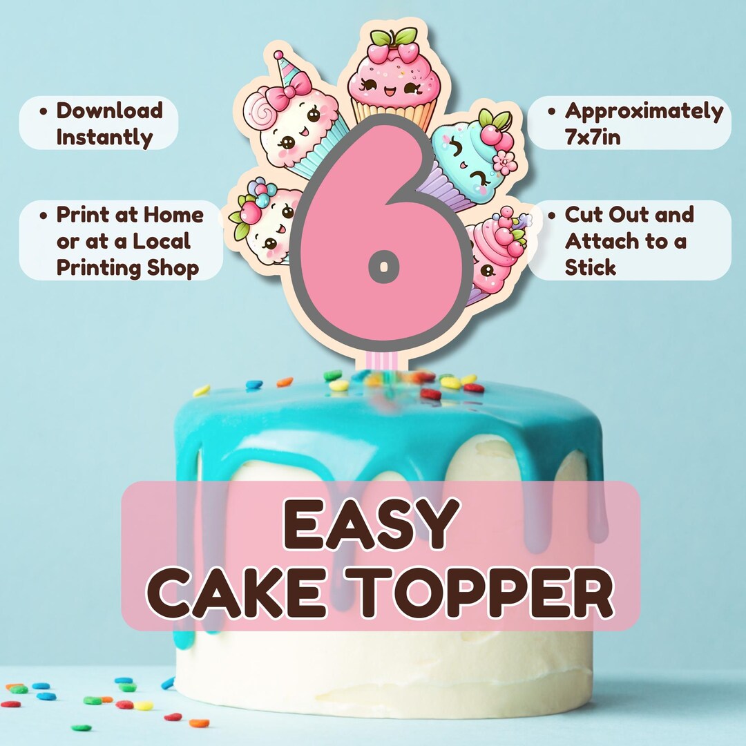 Kawaii Cupcake Cake Topper | 6th Birthday Cake Topper | Cupcake Party ...