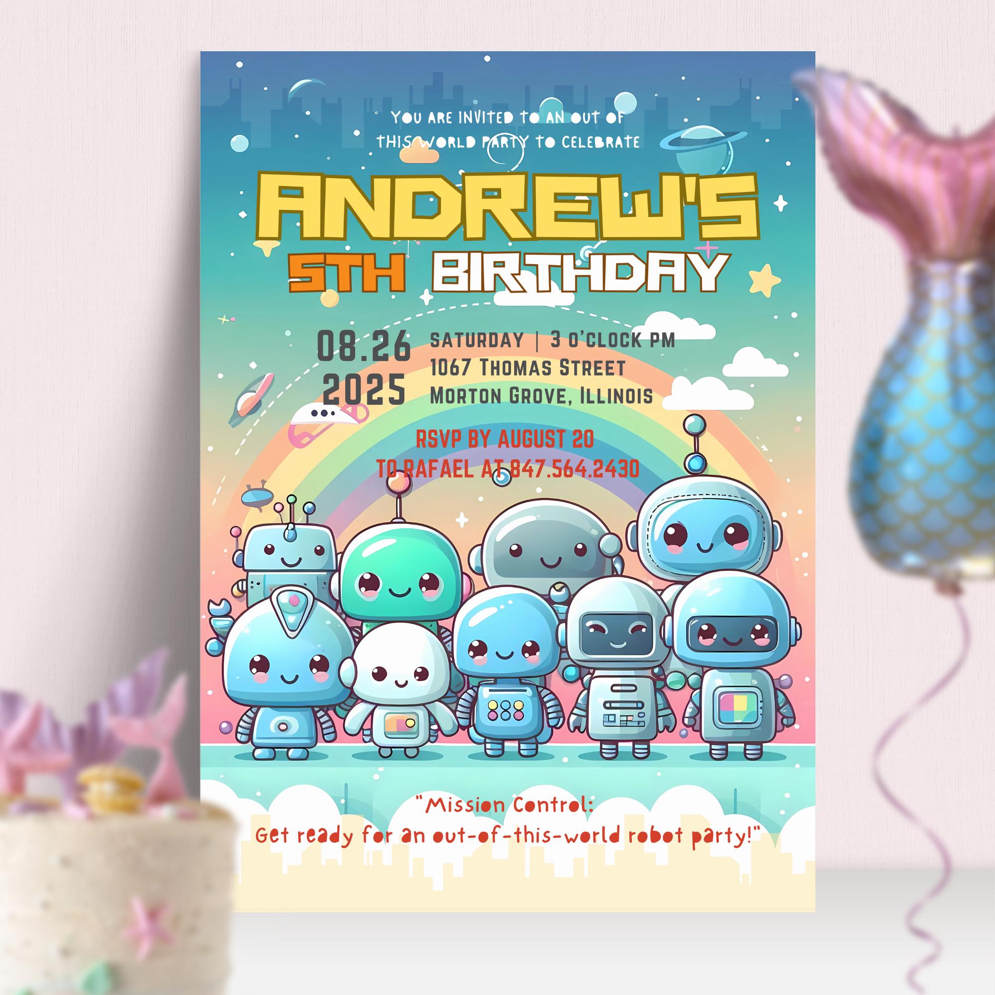 Robot Birthday Invitation, Cute Space Party Invite, Ai-themed Kids ...