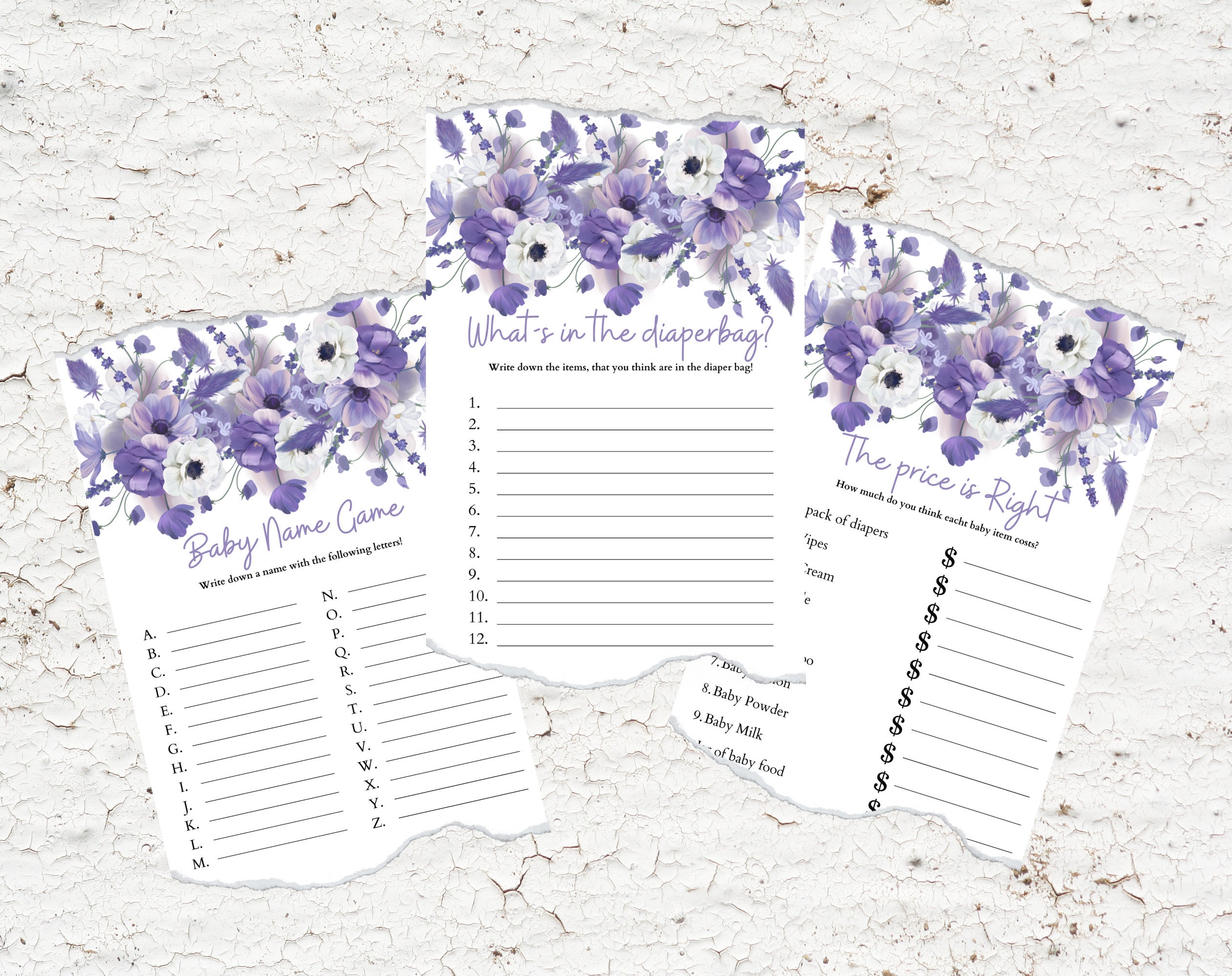 Purple Flowers Baby Shower Games Bundle Interactive Baby in Bloom Games ...