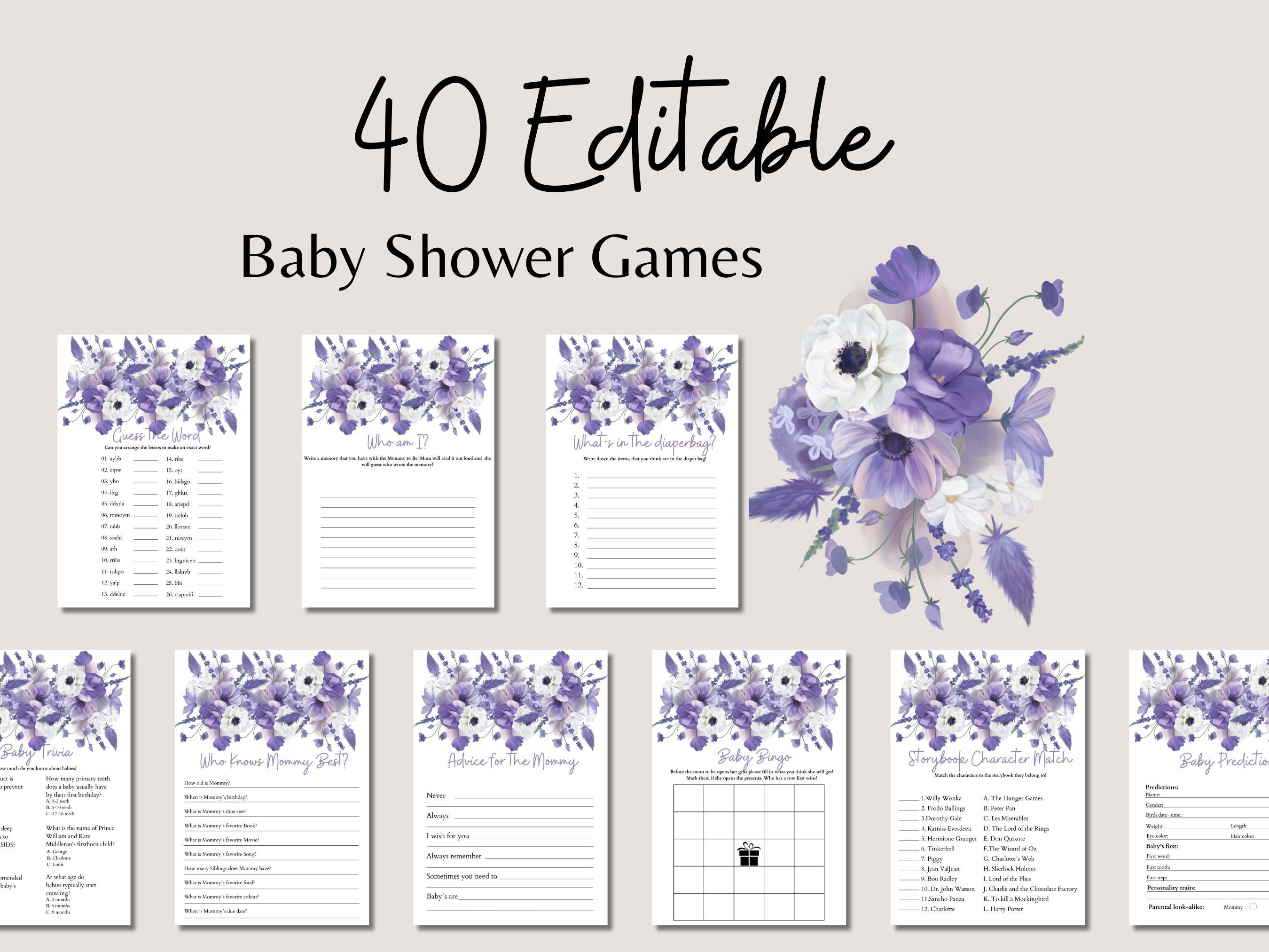 Purple Flowers Baby Shower Games Bundle Interactive Baby in Bloom Games ...