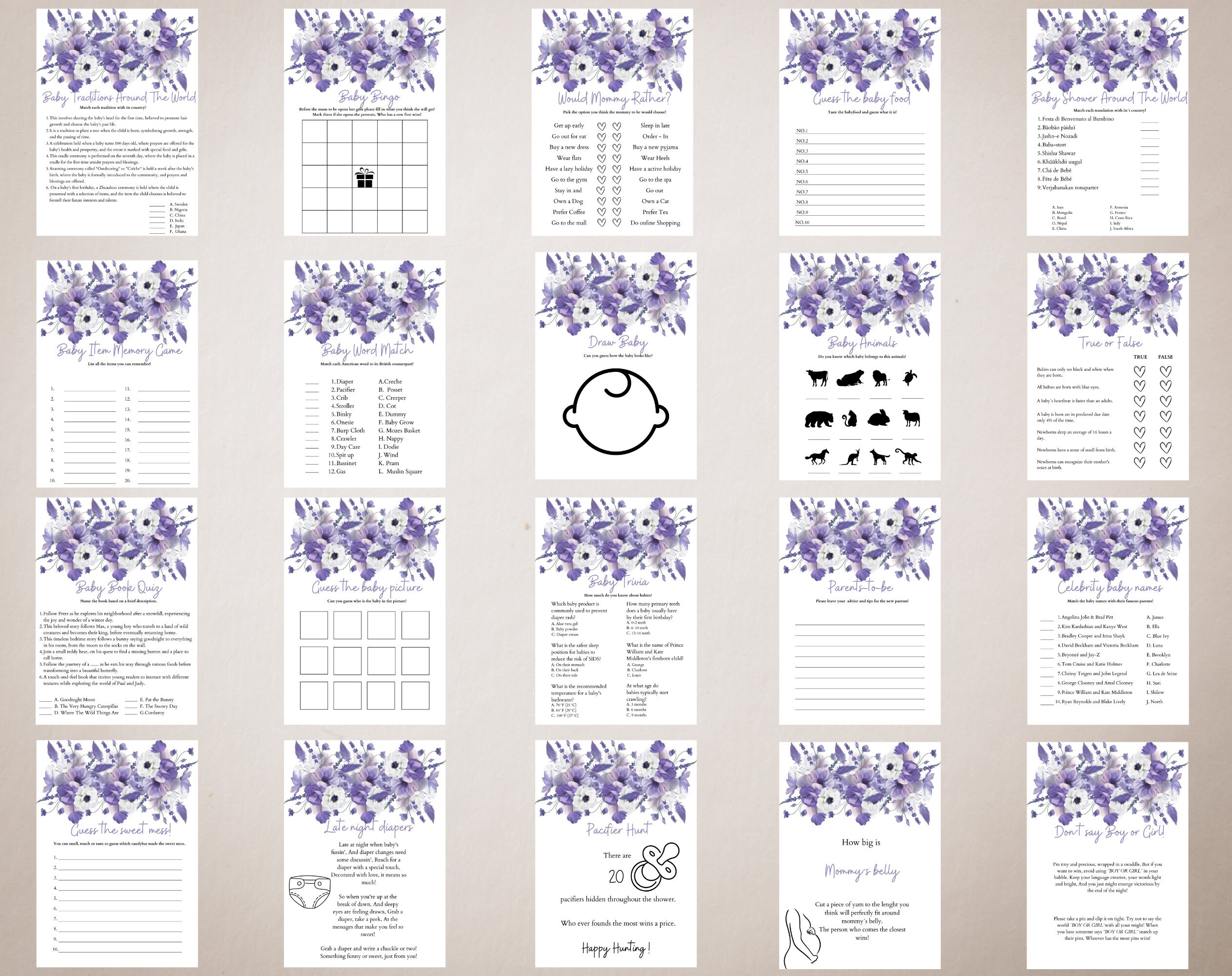 Purple Flowers Baby Shower Games Bundle Interactive Baby in Bloom Games ...