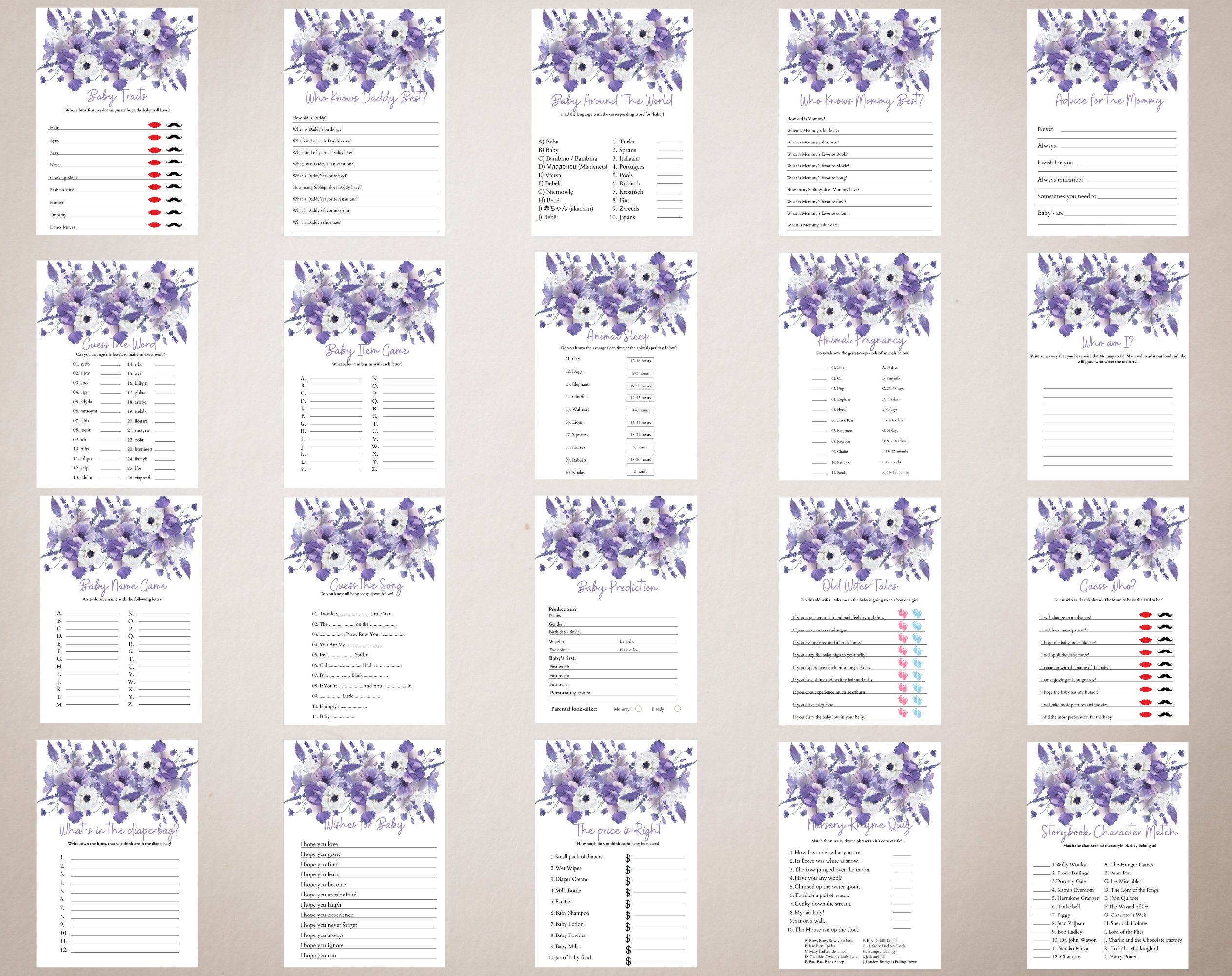 Purple Flowers Baby Shower Games Bundle Interactive Baby in Bloom Games ...