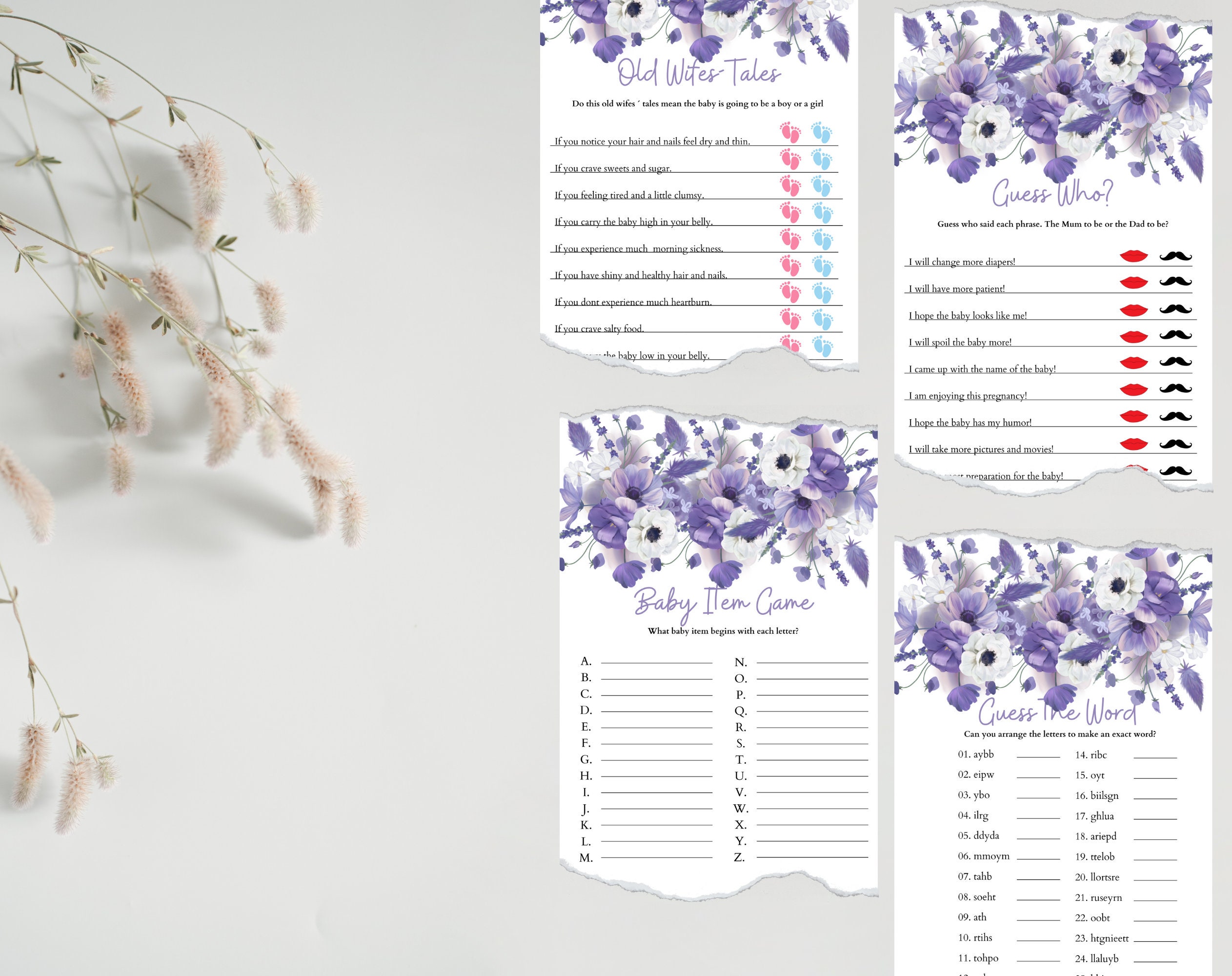 Purple Flowers Baby Shower Games Bundle Interactive Baby in Bloom Games ...