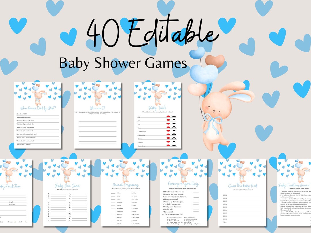 Editable Blue Rabbit Baby Shower Game Bundle Modern Baby in Bloom ...