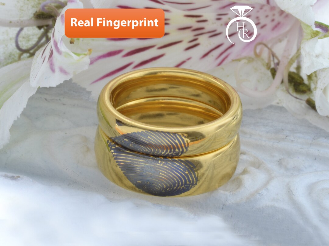 Couples Real Fingerprint Tungsten Rings, Custom Engraved Gold Plated ...