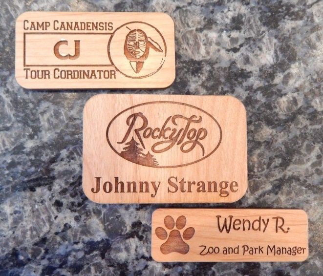 Wooden Engraved Custom Name Tag / Badge With Magnet, Clutch or Pin Back ...