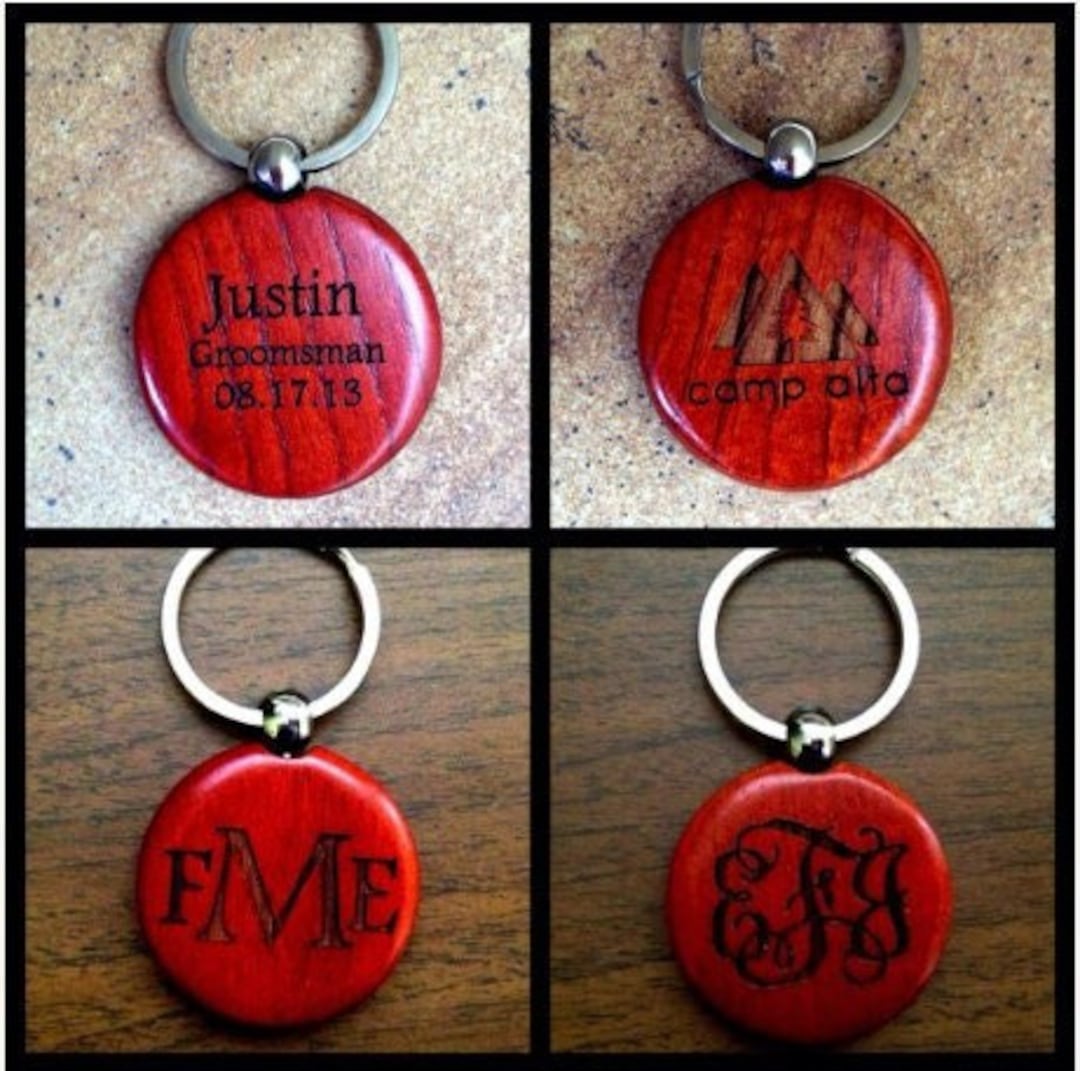 Personalized Round Wood Key Fob, Custom Engraved Key Ring - Wedding ...
