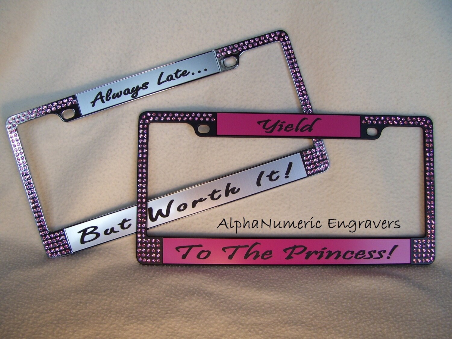 Custom Personalized Crystal License Plate Frame Cover Engraved Pink or ...