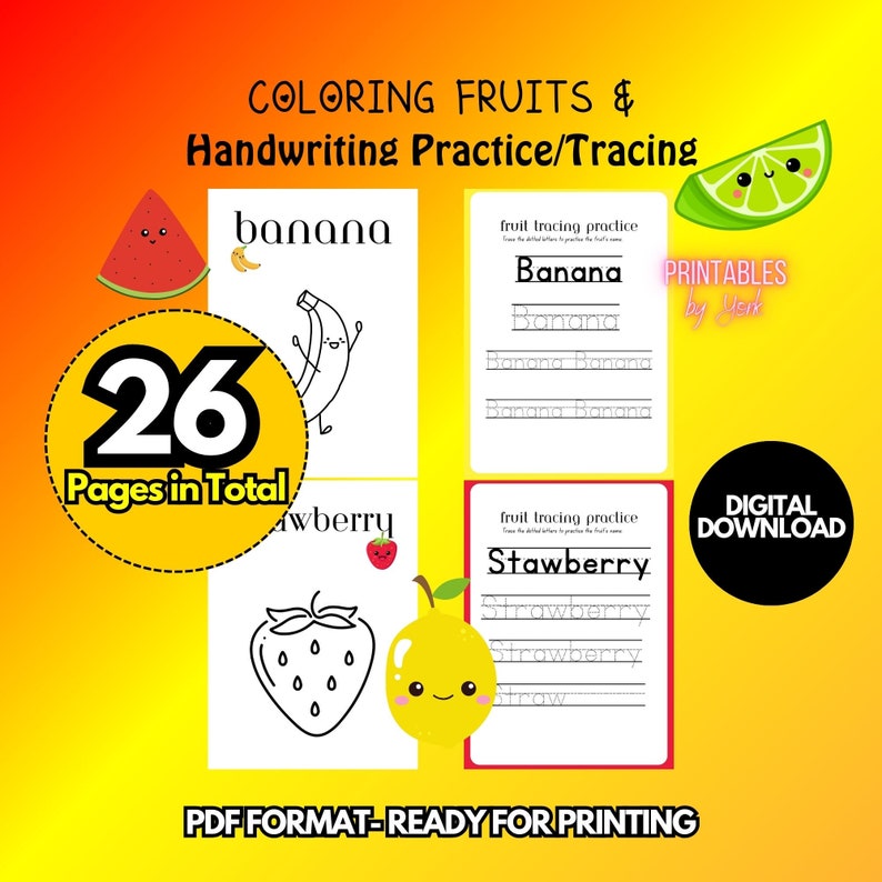 Fruit Coloring & Handwriting Practice Book - 26 Printable Pages for ...