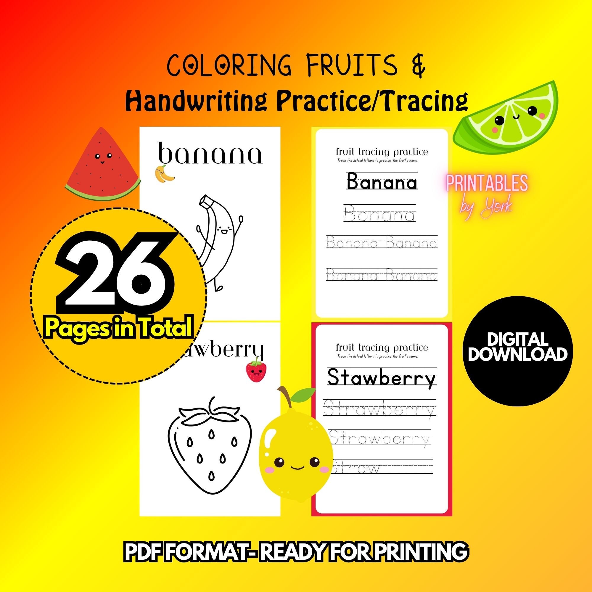 Fruit Coloring & Handwriting Practice Book 26 Printable Pages for Kids ...