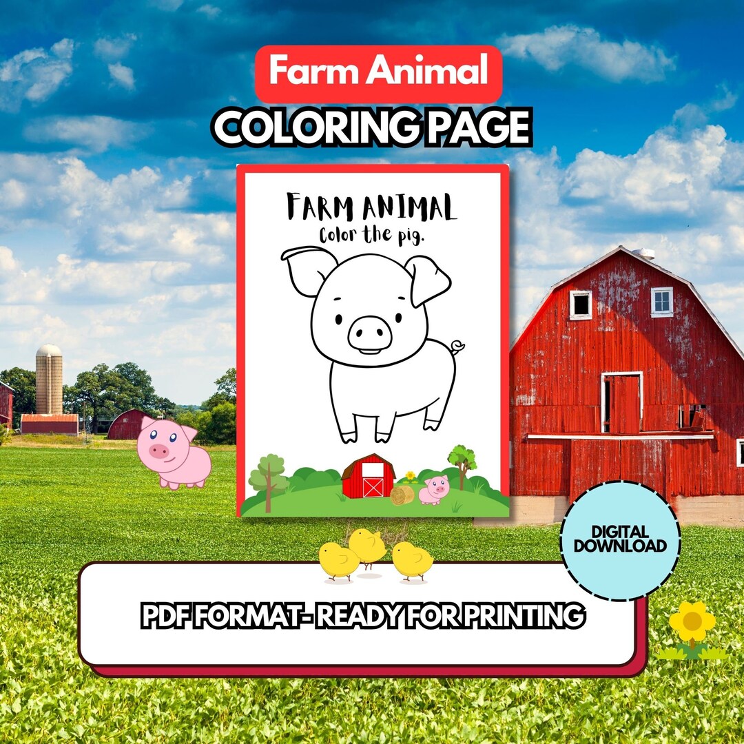 Printable Pig Coloring Page, Farm Animal Series, Kids Activity, Digital ...