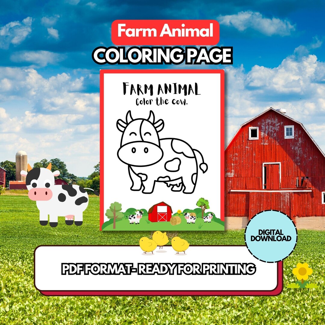 Printable Cow Coloring Page, Farm Animal Series, Kids Activity, Digital ...