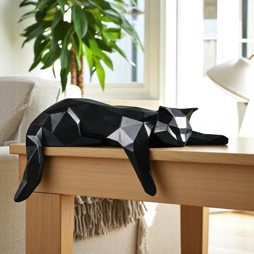 Geometric Cat Statue – Modern Black & White Lying Cat Sculpture ...