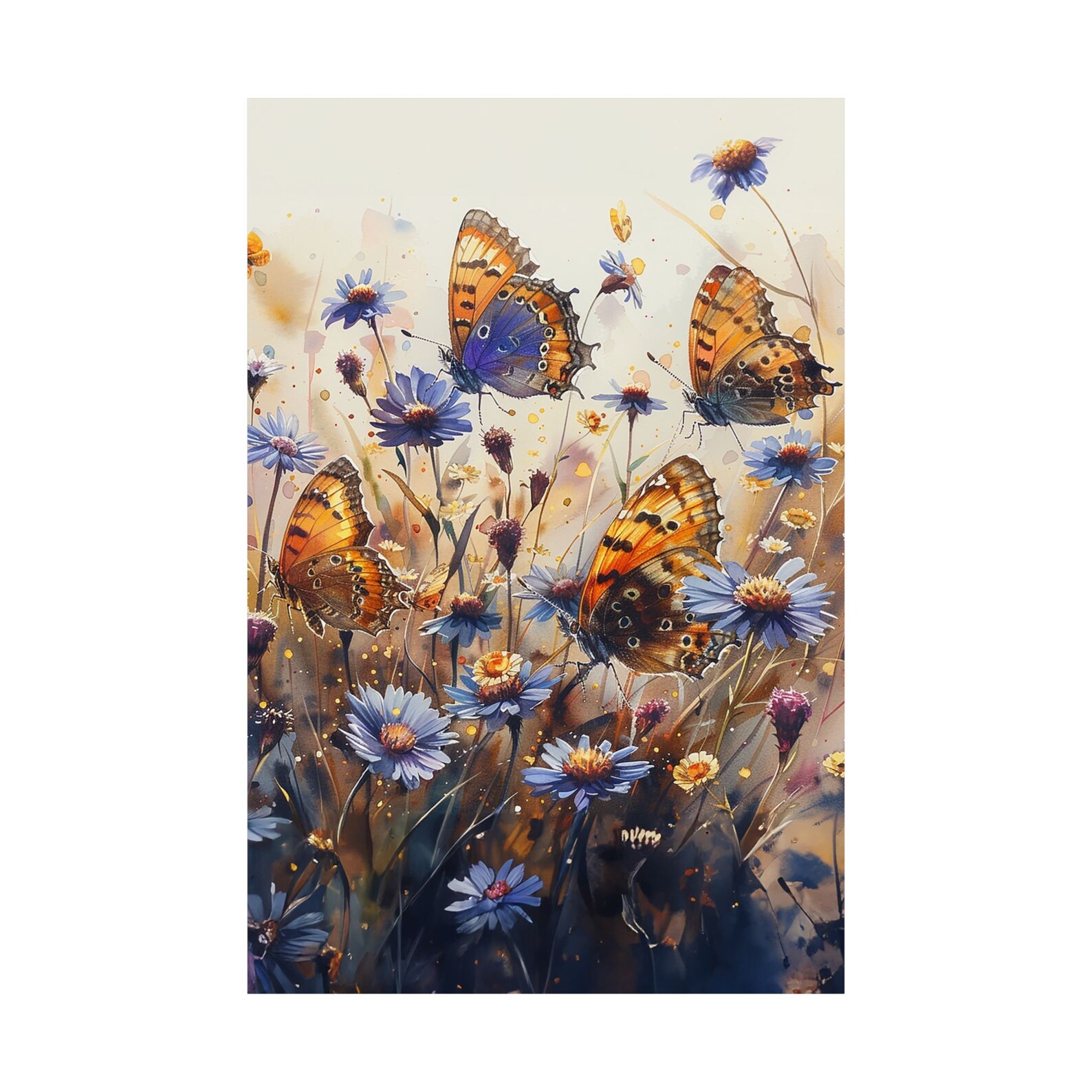 Butterfly Bliss Butterflies in A Flowered Field Watercolor Art Matte ...