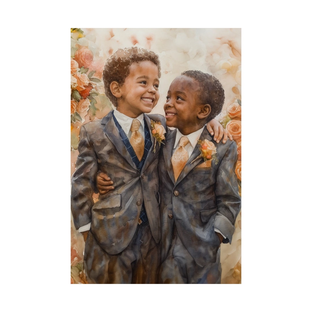 Dapper Duo Two Black Boys in Suits Bonding Watercolor Art Matte ...