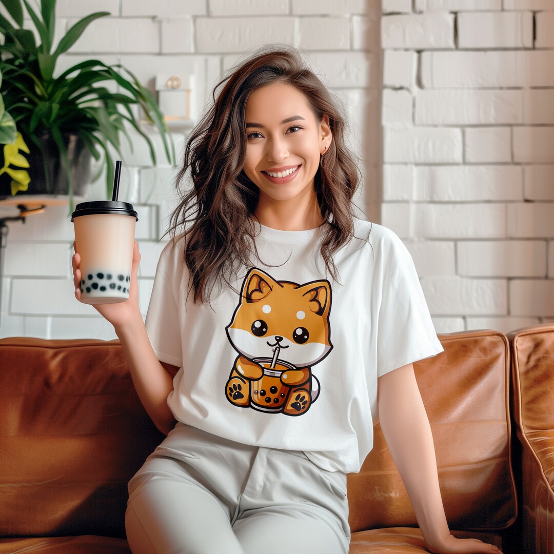 Kawaii Shiba Inu Dog Sipping Boba Tea Shirt Adorable Bubble Tea Graphic ...
