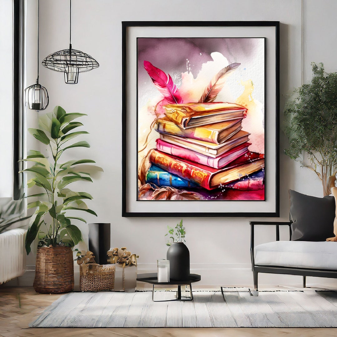 Watercolor Books Printable Digital Book Lover Wall Art, Book Nook Art ...