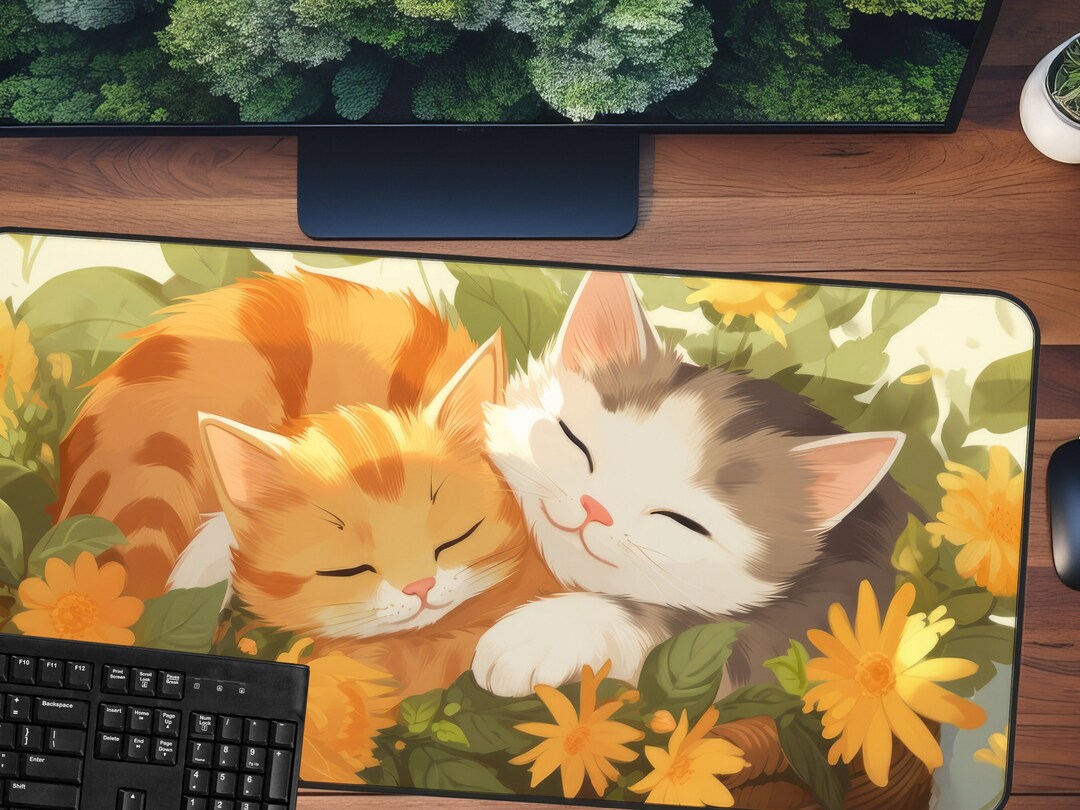 Sun-kissed Kittens Desk Mat, Cat Desk Mat, Kawaii Desk Mat, Lofi Desk ...