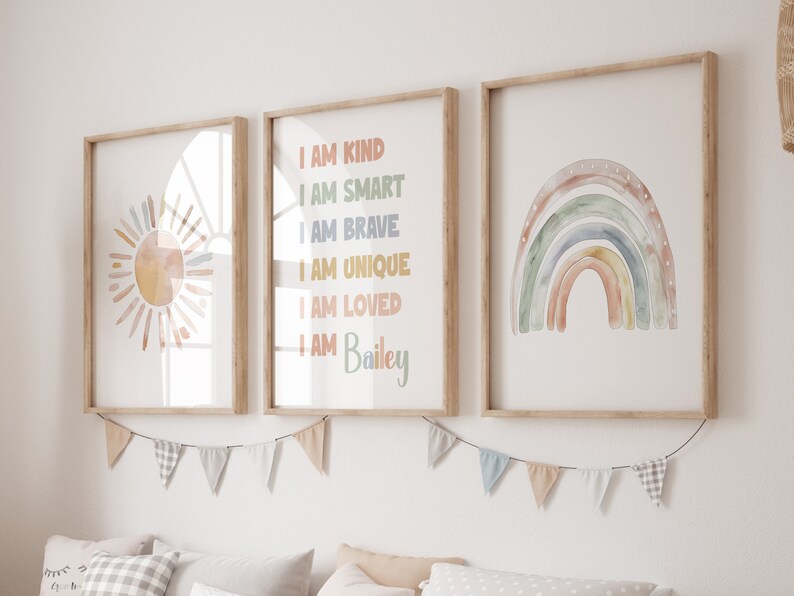 Personalized Kid I Am Affirmations Boho Nursery Wall Art Decor, Sun ...