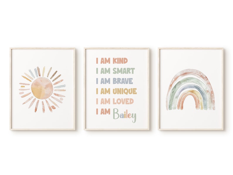 Personalized Kid I Am Affirmations Boho Nursery Wall Art Decor, Sun ...