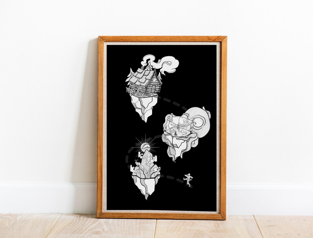Hero's Journey Art Print: Floating Islands, Octopus, Cabin on Chicken ...